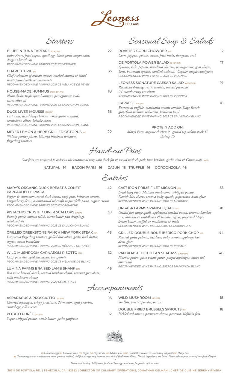 Restaurant Menu - Leoness Cellars