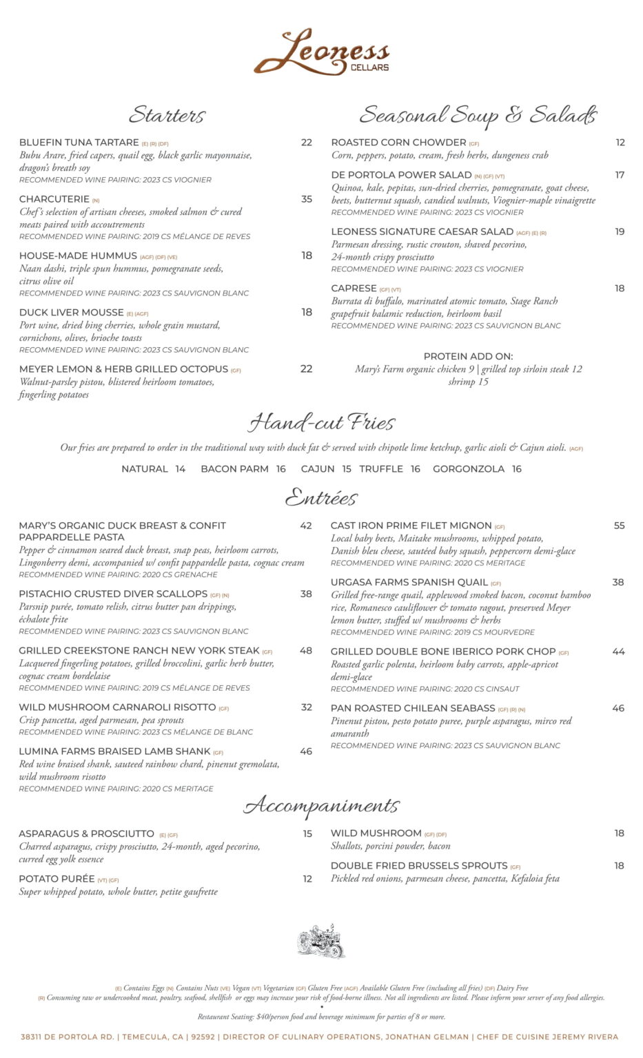Restaurant Menu - Leoness Cellars