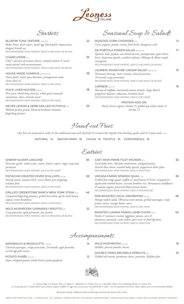 Restaurant Menu - Leoness Cellars