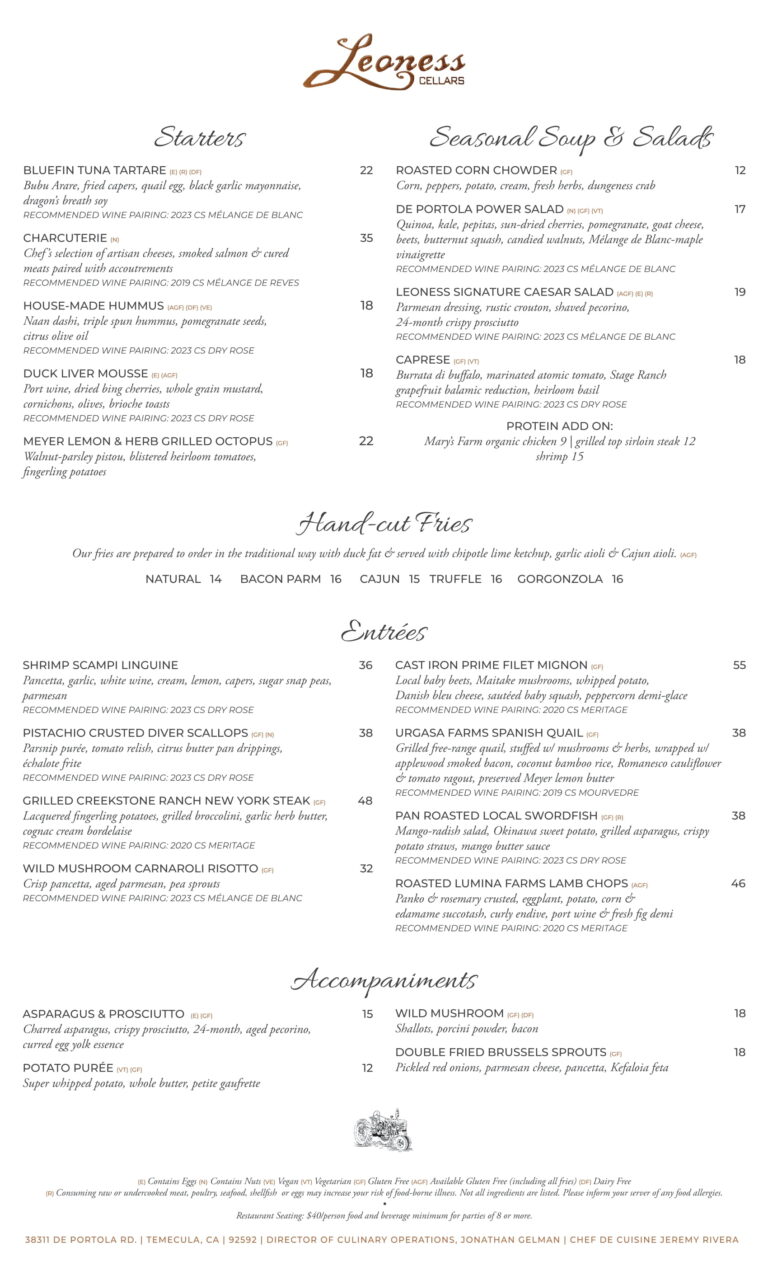 Restaurant Menu - Leoness Cellars